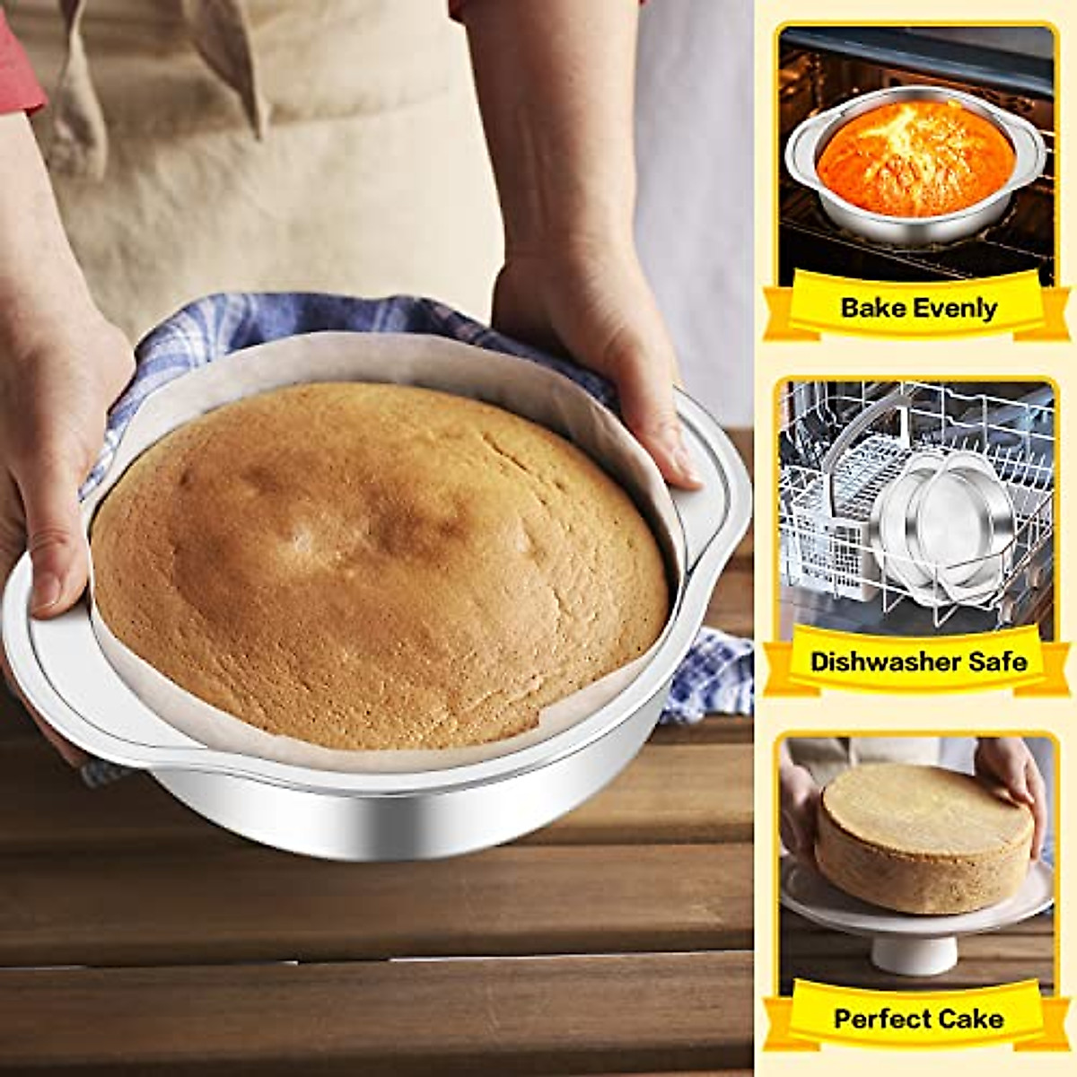 E-far 8 Inch Cake Pan Set of 2, Stainless Steel Round Cake Pans Tins with Handle for Baking Birthday Wedding Layer Cakes, Easy Grip & Straight Side, Mirror Finish & Dishwasher Safe