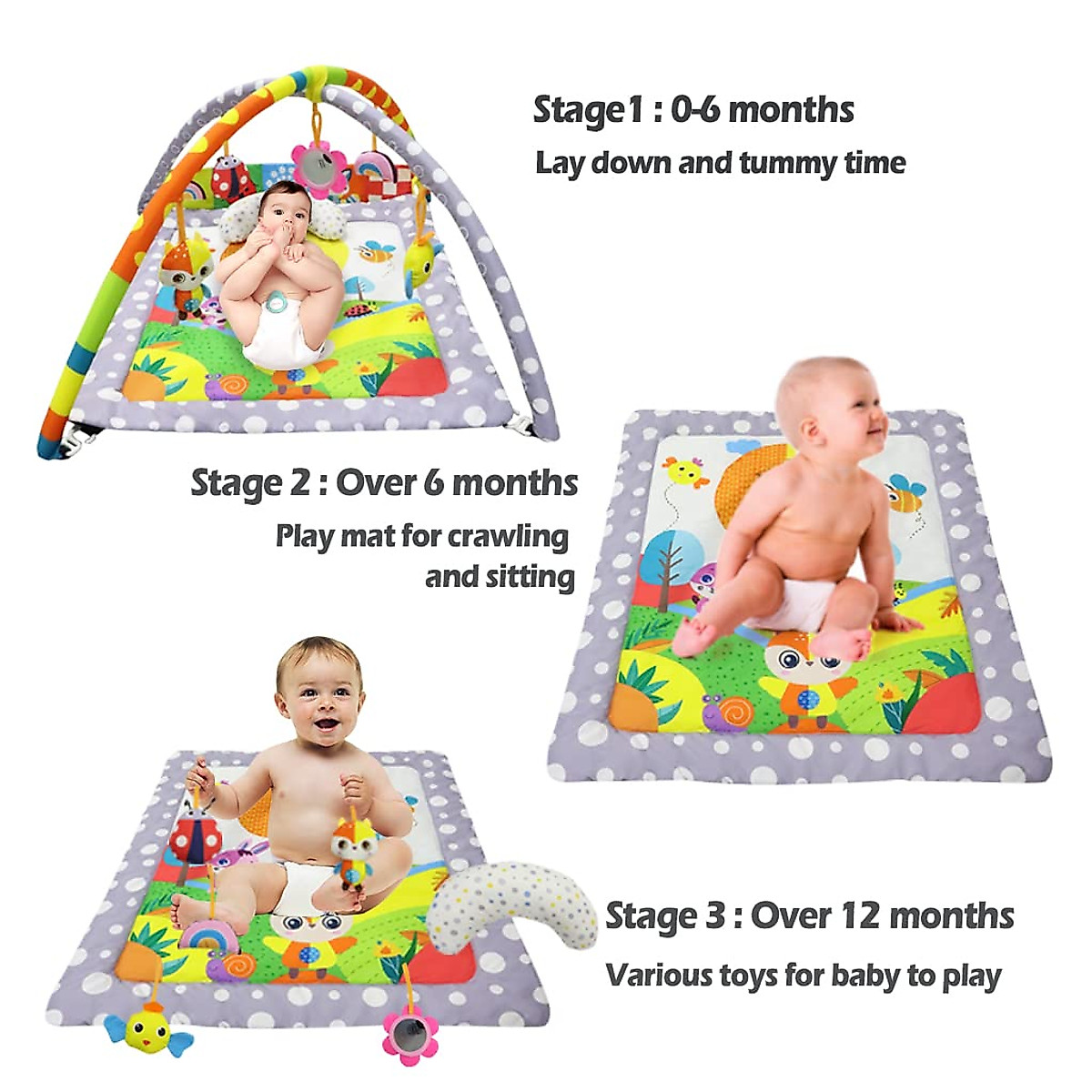 KAKIBLIN Baby Play Gym Mat, 4 in 1 Tummy Time Activity Play Mats for Baby with 5 Detachable Toys, Foldable Baby Playmats Floor Gyms for Easy Transport, Playpen Function, 80 x 70 CM, Purple