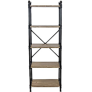 Sunnydaze 5-Tier Freestanding Industrial Bookshelf for Living Room - Black Pipe Style Frame with Wood Veneer Shelves - Brown