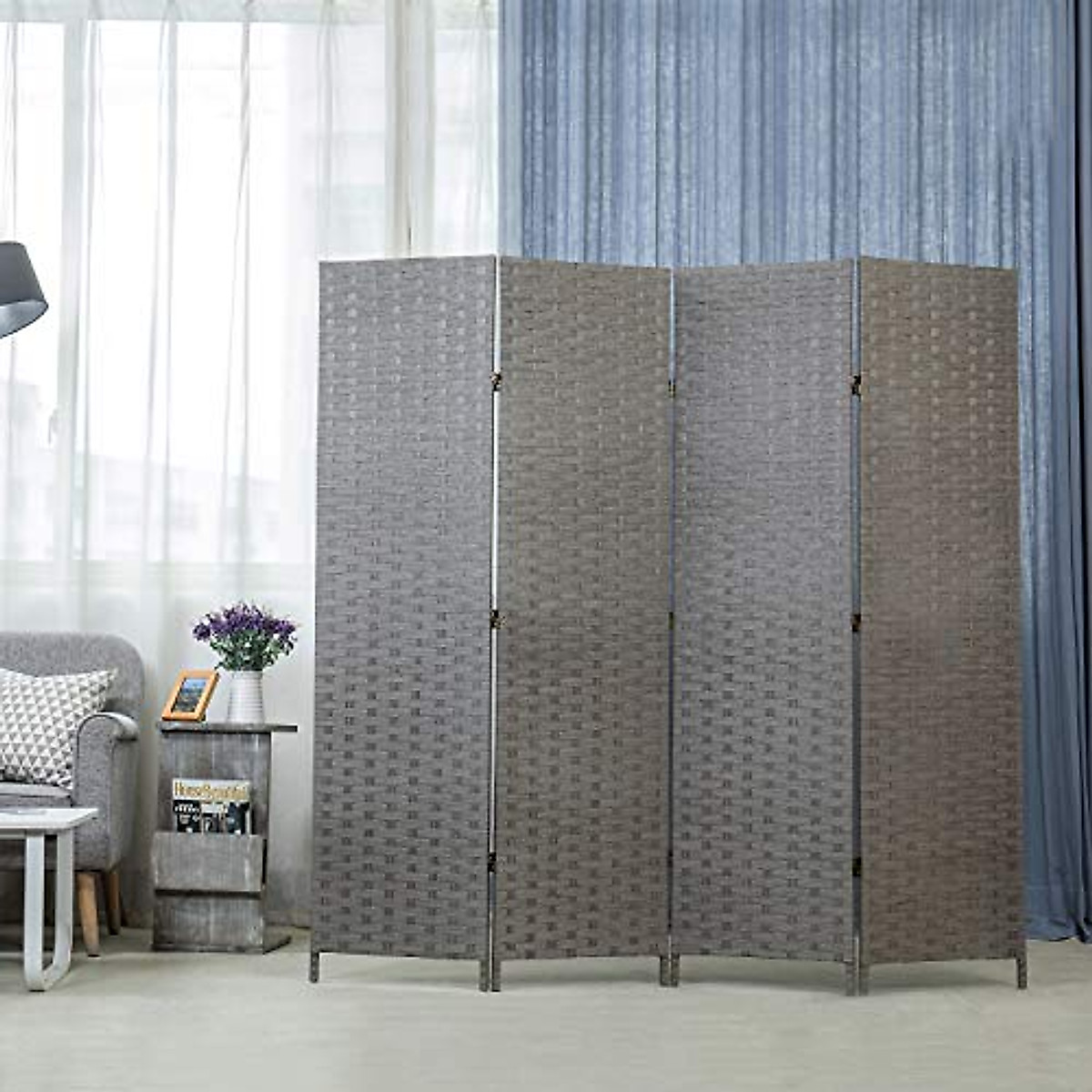MyGift 4-Panel Room Divider - Vintage Gray Woven Seagrass Folding Private Panel Screens - Partition Wall Dividers, Room Separator, Temporary Wall Screen, 69 x 70-Inch