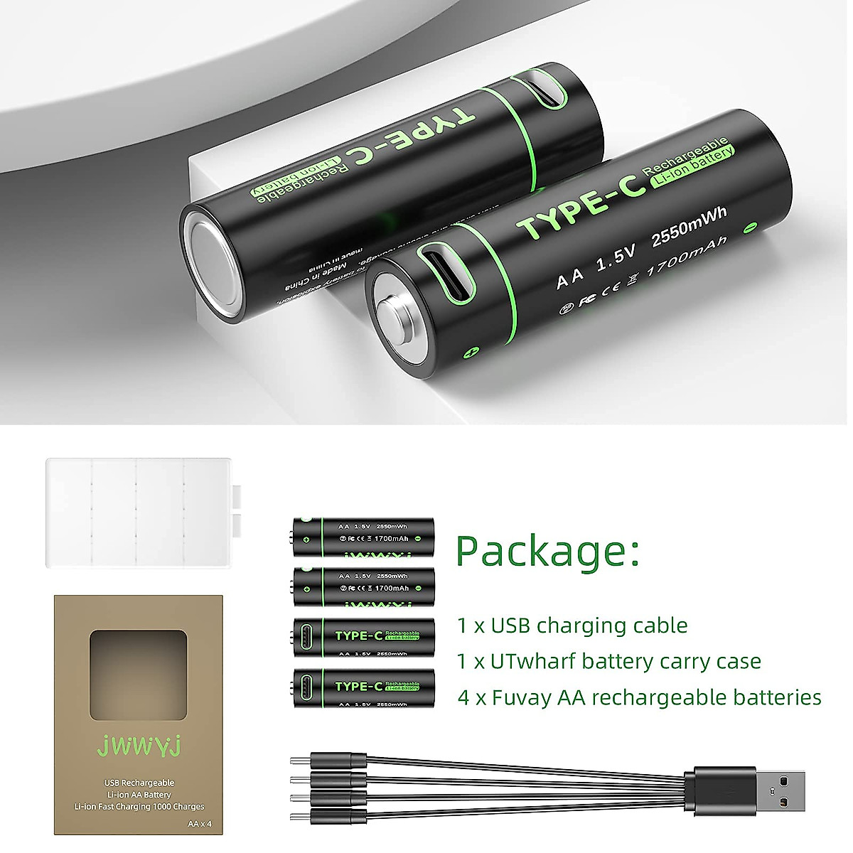 AA Lithium Rechargeable Batteries - 4Pack Smart Rechargeable AA Batteries by JWWYJ,Lithium Ion 1.5v 2550 mWh, Type C Battery Charging Cable, LED Charge Indicator