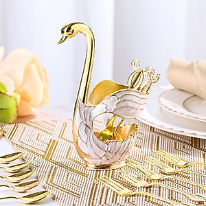 Gold Swan Base Holder,Table Decorative Swan Dessert Spoons Organizer Base Spoons Holder with 6pcs Coffee Spoon set,Elegant Gold Dessert Spoons,Premium Zinc Alloy Swan Base Spoon Organizer (Gold)