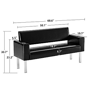 LEADZM Waiting Room Bench Seating, Salon Reception Office Chairs, Heavy Duty Guest Lobby Chairs with 2 Cup Holder,Leather Settee with Backrest & Armrest, Beauty Barber Furniture, Black