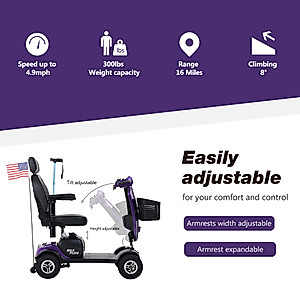 Metro Mobility - 2025 New 4 Wheel Outdoor Mobility Scooter - Adult Mobility Scooter 300 lbs Foldable - Battery - 12V20AH*2pcs, Max Range 16 Miles (Purple)