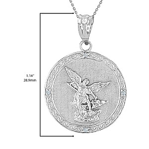 .925 Sterling Silver Saint Michael The Archangel White Cubic Zirconia Accented 1” Medal Pendant Necklace with Rolo Chain - 20" Chain