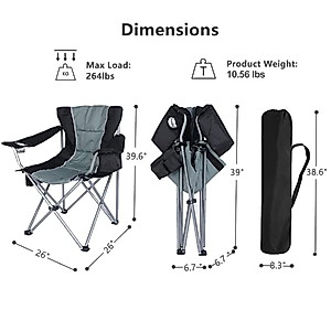 YSSOA Oversized Camping Folding Chair with Cup Holder, Side Cooler Bag, Heavy Duty Steel Frame Fully P Added Quad Armchair for Outdoors, 1-Pack, Grey