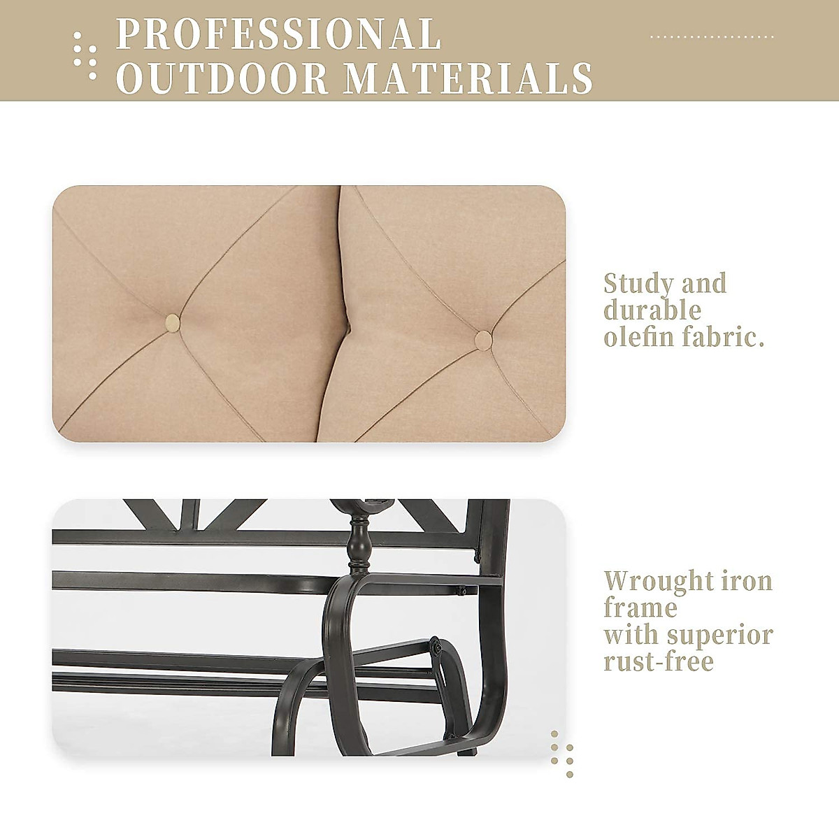 SUNCROWN Outdoor Swing Glider Chair, Patio 2 Seats Loveseat Rocking Chair with Cushions, Steel Frame Furniture - Brown