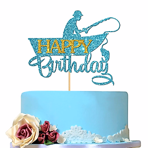 Fisherman Happy Birthday Cake Topper, Glitter Happy 30th 40th 45th 50th 60th 70th Birthday Cake Decoration, Funny Fishing Fisherman Theme Party Supplies - Sky Blue&Golden