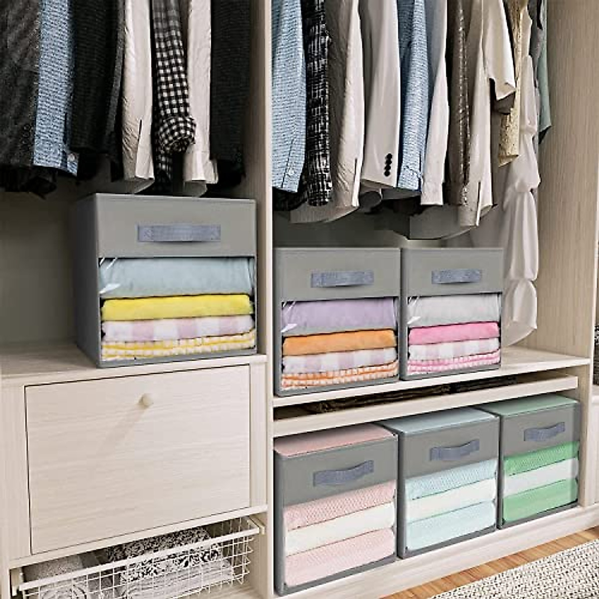 DIMJ Cube Storage Bins, 3 Packs Clear Window Fabric Storage Bin Organizer for Closet Shelves Home Storage Cubes Organizer with Handles
