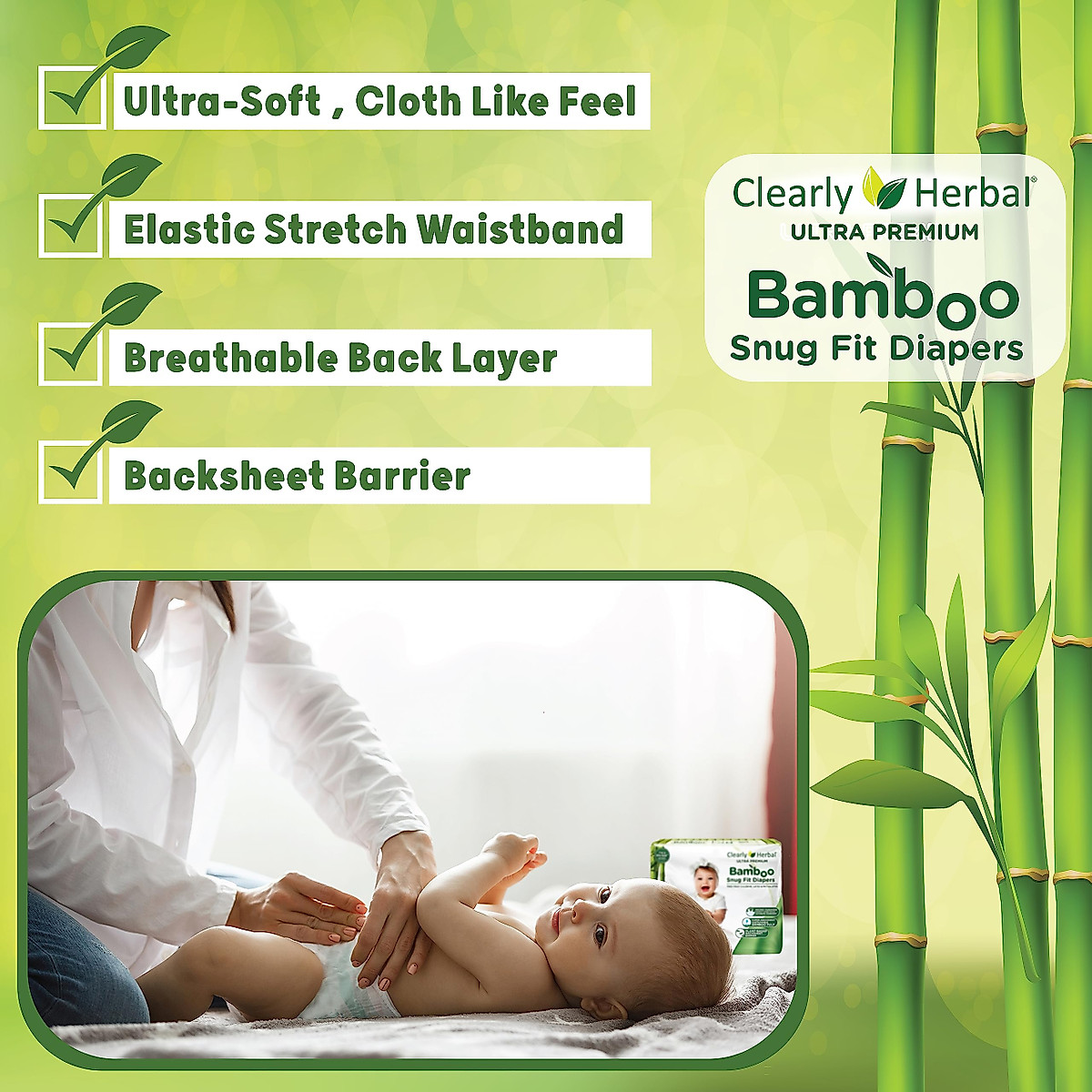Clearly Herbal Bamboo Diapers, Micro Cushion Comfort & Other Plant-Based Materials, Size 1 34ct Case (4 Inner Bags)
