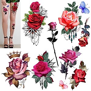 ROARHOWL Stunning rose flower temporary tattoos, large rose fake tattoos for women,rose tattoo set (Rose 1)