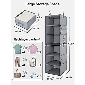 JARLINK 6-Shelf Hanging Closet Organizer, 2 Separable 3-Shelf Hanging Shelves with 3 Drawers, Clothes Organizer and Storage for Bedroom, Wardrobe, Nursery, RV, College Dorm, 12.2'' x 13.6'' x 47.2''