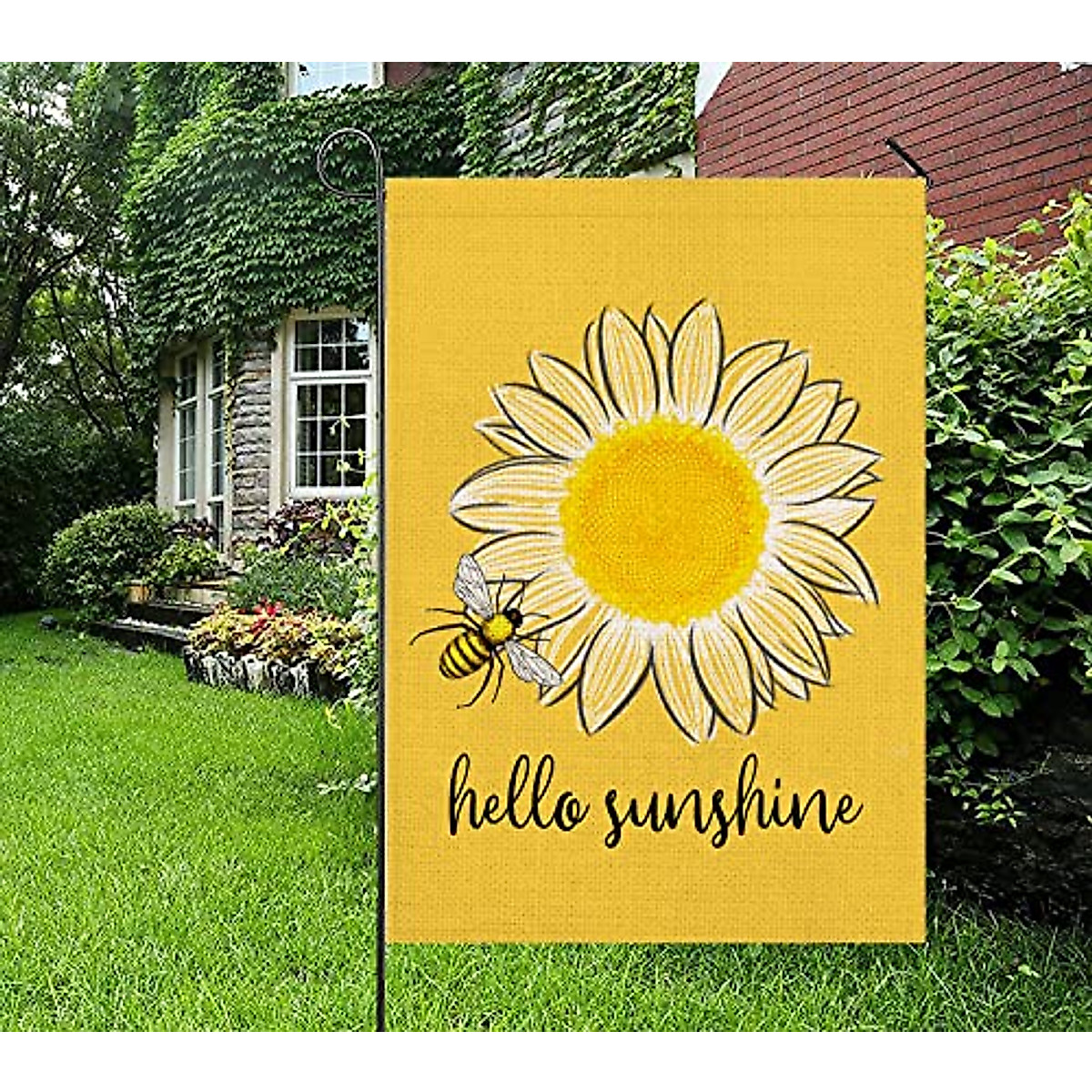 Yameeta Hello Sunshine Yellow House Flag 28x40 Inch Spring Summer Sunflower Bee Vertical Double Sided Burlap Large Outdoor Flags for Garden Yard Lawn Home Seasonal Quotes Holiday Farmhouse Decoration