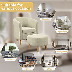 DAZONE Accent Chair Set of 2 Mid Century Modern Chair with Ottoman Comfy Armchair Footrest Set Comfortable Living Room Chairs Upholstered Barrel Club Tub Sofa Chair for Bedroom Reading Room Beige