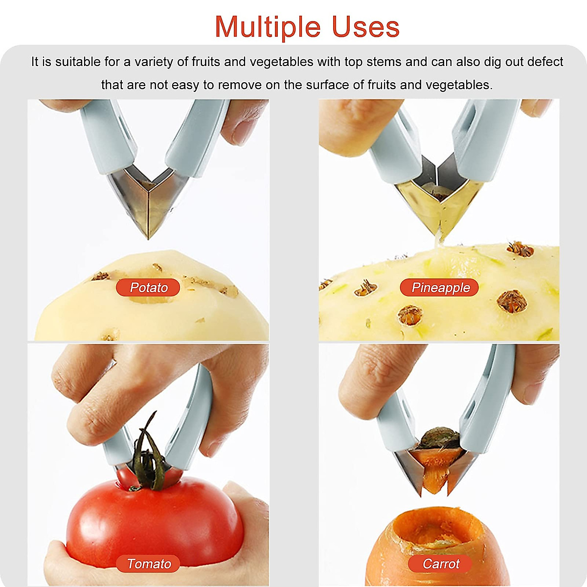 LIANGKEN Strawberry Huller Stem Remover, Potato Corer, Pineapple Corer, Tomato Corer, Fruits and Vegetables Eye Peeler, Stainless Steel Huller, Portable Kitchen Gadget.