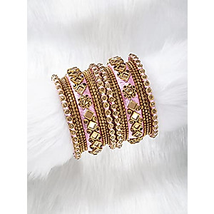 Aheli Ethnic Handmade Silk Thread Faux Stone Studded Bangle Set Chuda Indian Wedding Wear Fashion Jewelry for Women (Light Pink)