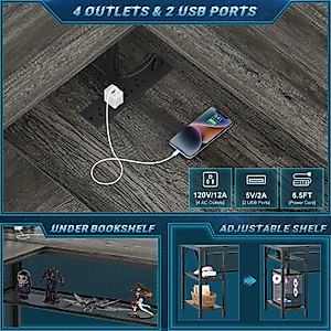 Unikito Cool L Shaped Computer Desk, Reversible Corner Office Desk with Smart Strip Light and Magic Power Outlets, Sturdy Ergonomic Gaming Table with Monitor Stand and Storage Shelf, Grid Design, Gray