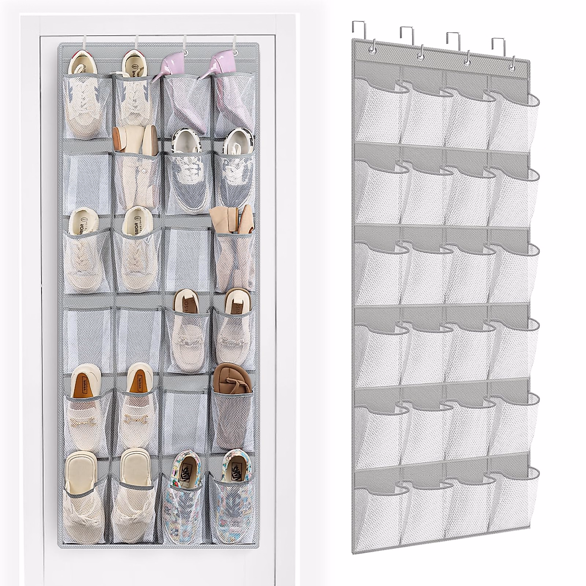 FENTEC 24 Pockets Over the Door Shoe Organizer Hanging Shoe Organizer for Closet, Space Saving Mesh Large Pocket Shoe Storage and Organizer, Shoe Holder for Apartments Garages, Grey 1 Pack