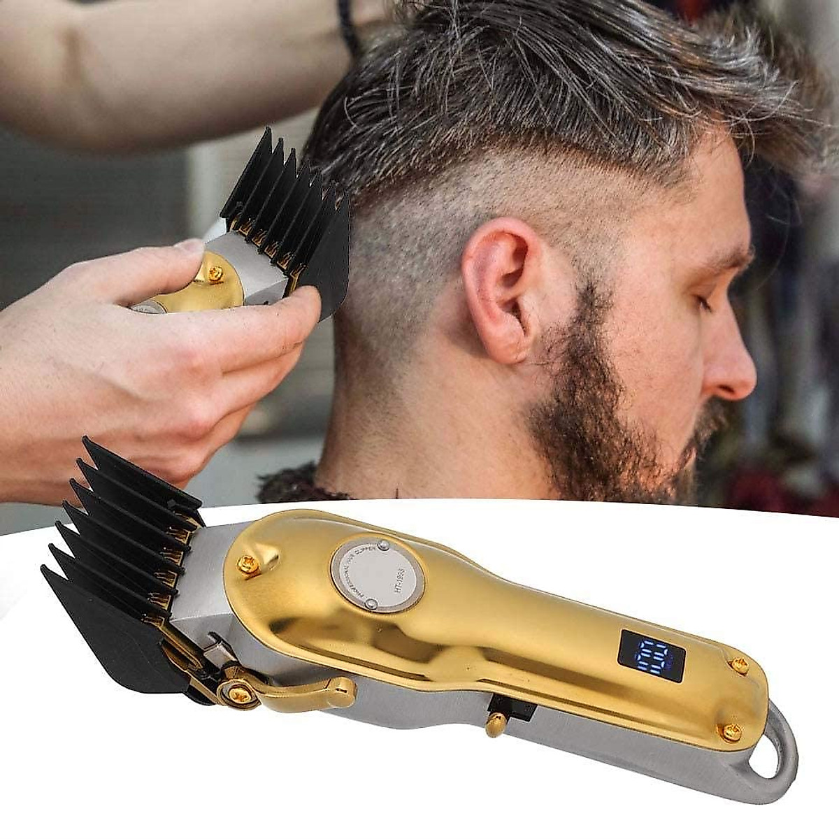 FTVOGUE Professional Electric Hair Clipper Beard Trimmer Hair Cutting Machine Grooming Kit US Plug 100-240V (Gold)