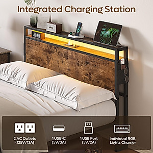 Bestier Queen Size Bed Frame with Headboard and Storage, Dual LED Platform Bed Frame with Charging Station, Non-Slip Metal Bed Frame, Noise-Free, Easy Assembly