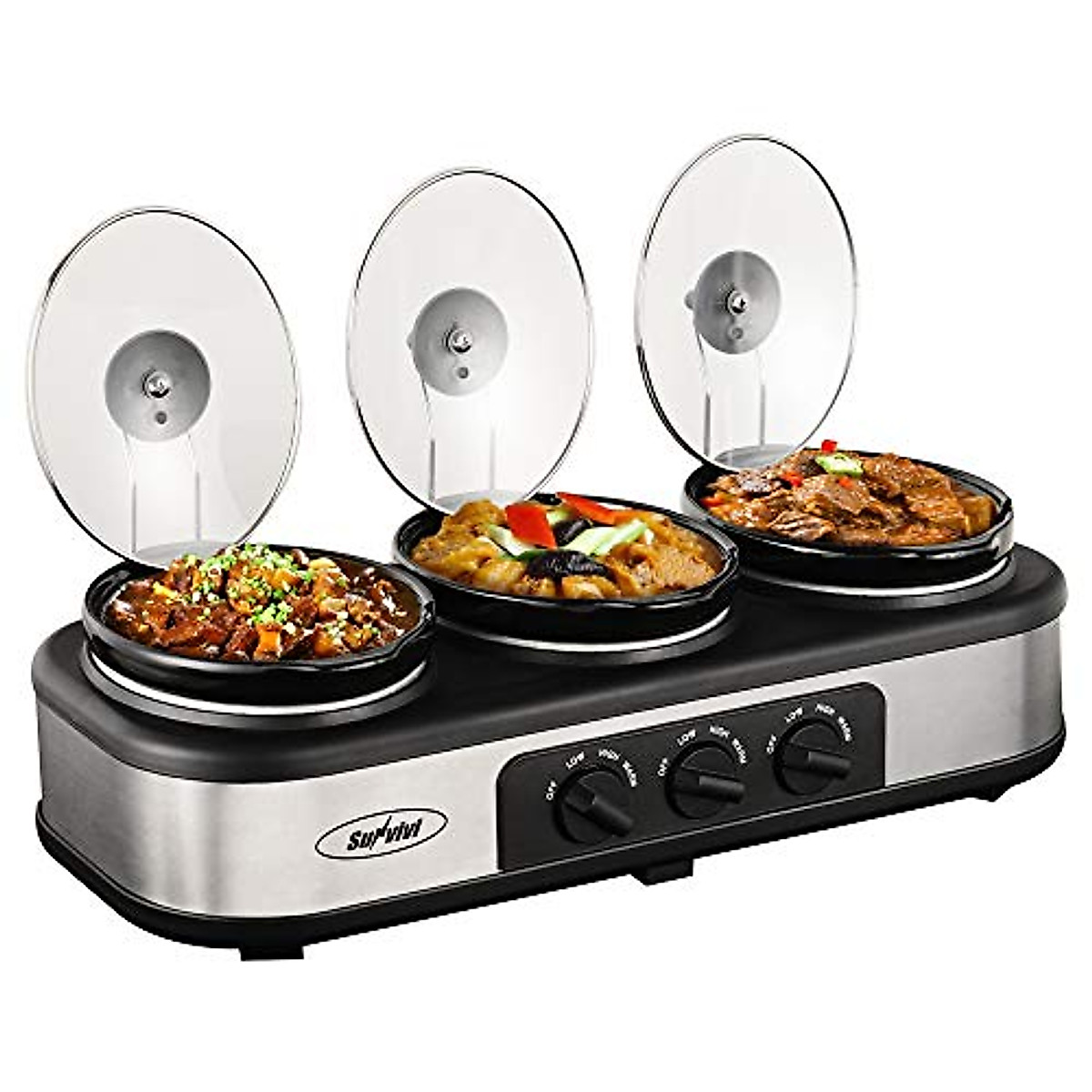 Slow Cooker, Dual and Triple Slow Cooker Buffet Server Multiple Pot Food Warmer, Slow Cooker Buffet Food Warmer Adjustable Temp Lid Rests Stainless Steel