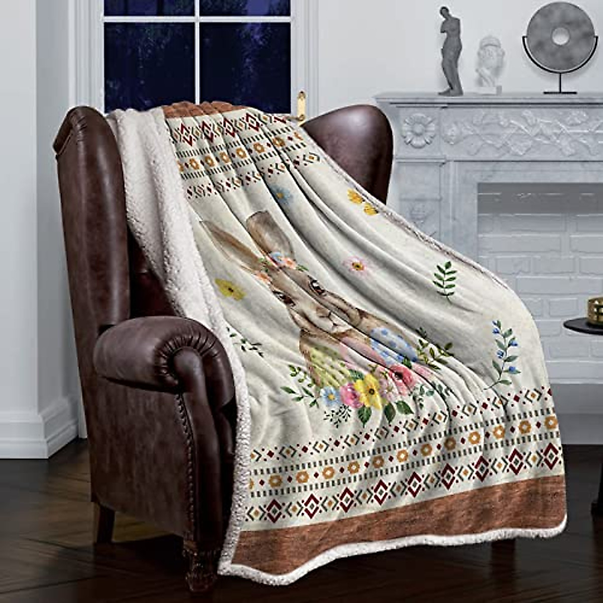 Fantasy Staring Easter Bunny Sherpa Fleece Throw Blanket - Farmhouse Easter Eggs Rabbit Spring Flower Fluffy Super Soft Microfiber Blanket Fuzzy Blanket for Couch Bed Sofa 50 x 80 Inches