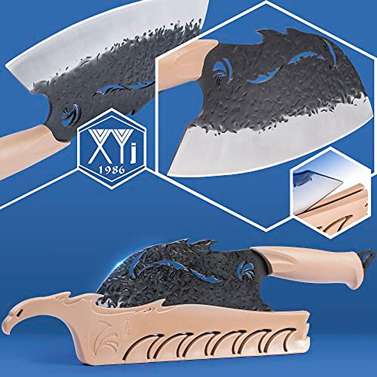 XYJ Authentic Since 1986,Chinese Vegetable Cleaver,Kitchen Chef Knife With Rolling Bag,Holder,Whetstone,High Carbon Steel Meat Butcher Knife,Camp Cooking Knives,Full Tang Handle (8.5 Inch A)