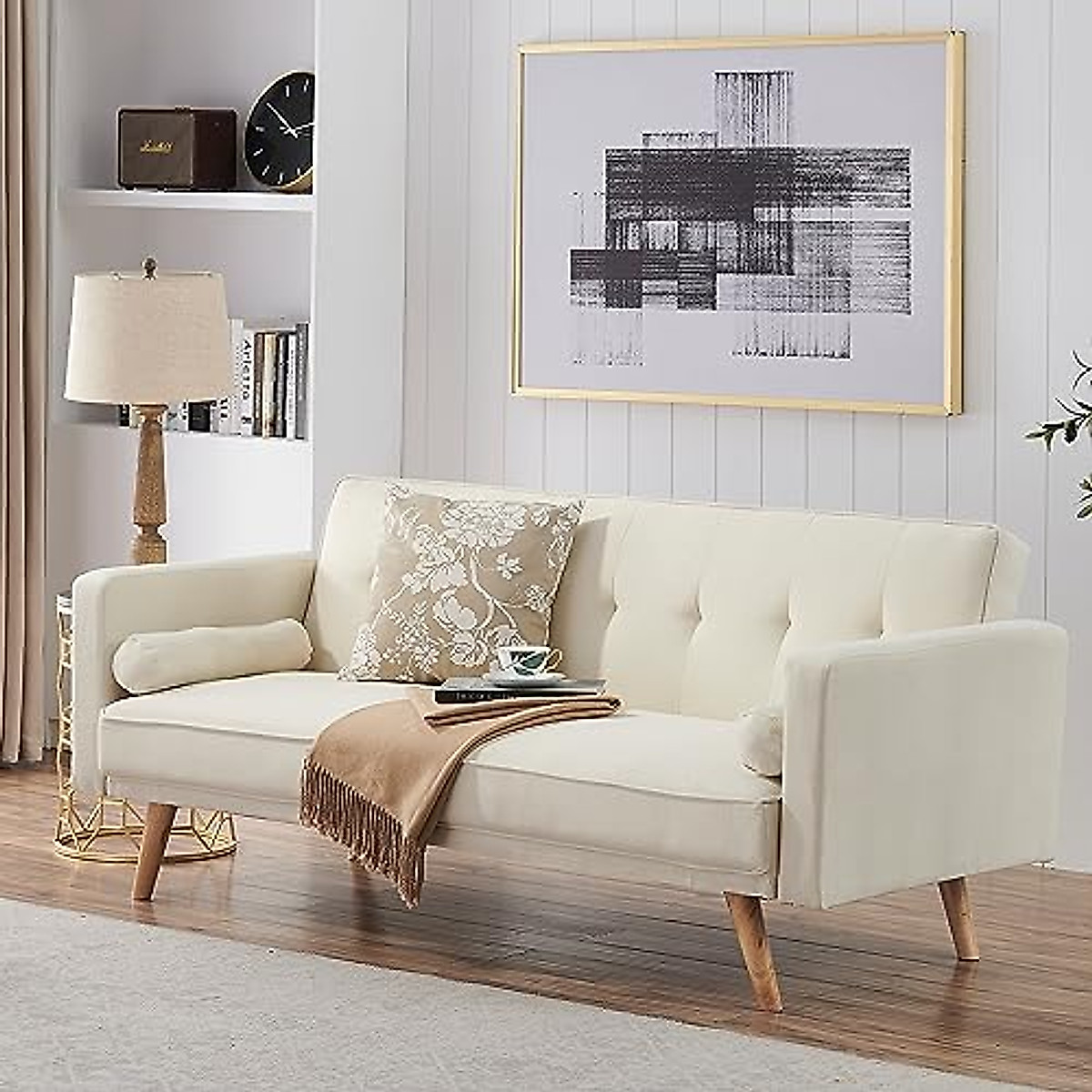 FULife Modern Futon Loveseat Sofa Convertible Sleeper Daybed, Folding Sofá Beds Recliner,Small Tufted Upholstered Love 2-Seat Couch for Living Room Space Furniture Sets, Beige Cotton 71.6" w