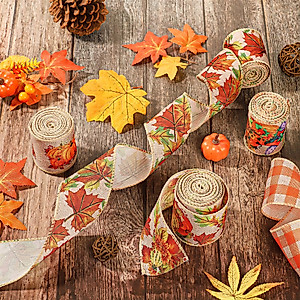 6 Rolls Fall Burlap Ribbons 2.5 Inch Wired Edge Pumpkin Maple Leaf Ribbon Rustic Harvest Truck Orange Plaid Ribbon for Autumn Thanksgiving Gift Wrapping DIY Wreath Crafts, 30 Yards