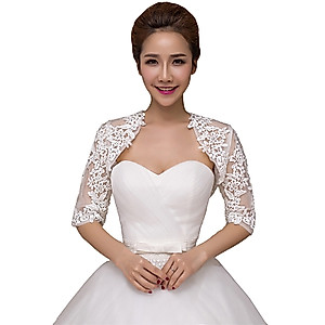 Women's Wedding Jackets Lace Bridal Bolero Shawl Tulle Cape for Bride Bridesmaid Wrap Shrug (One Size, Half Sleeve Ivory)