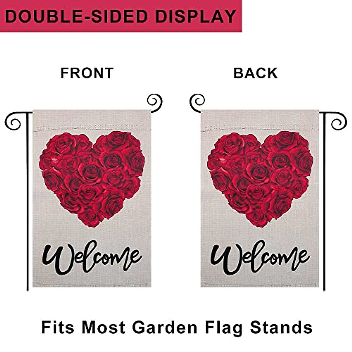 Welcome Valentines Day Garden Flag, hogardeck 12.5x18 Inch Vertical Double Sided Rose Heart Yard Flag, Farmhouse Rustic Outdoor Valentines Day Decor