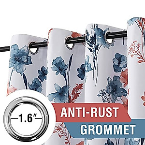 H.VERSAILTEX 100% Blackout Curtains 63 inch Length 2 Panels Set Cattleya Floral Printed Drapes Leah Floral Thermal Curtains for Bedroom with Black Liner Sound Proof Curtains, Stone Blue and Coral