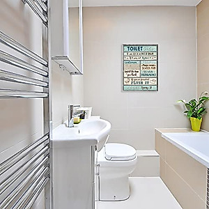 Bathroom Wall Art Toilet Rules Canvas Wall Decor Bathroom Sign Pictures Print Painting Teal Framed Artwork Home Decoration for Bathroom 12"x16"