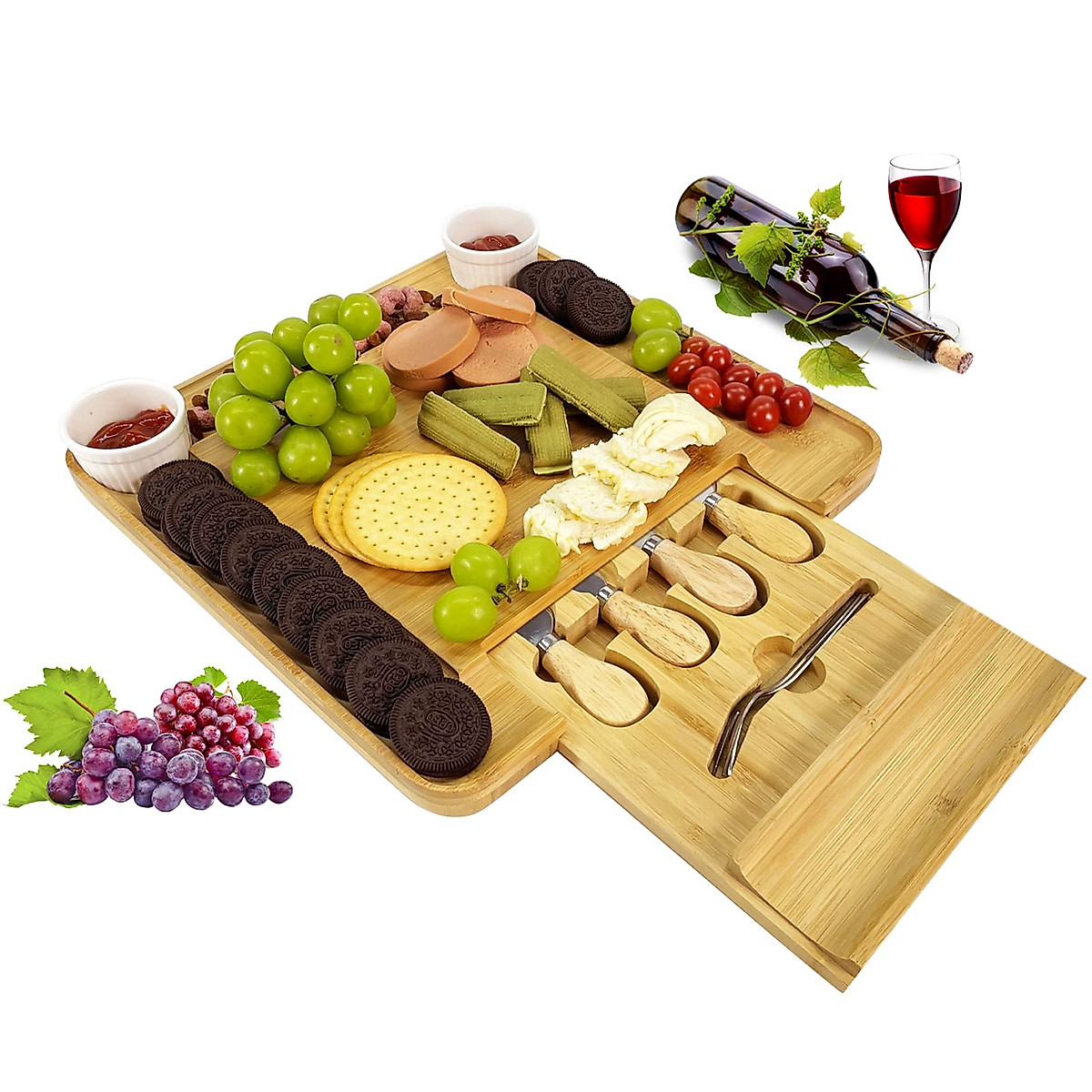 Cheese Board, Large Charcuterie Board Set, Bamboo Serving Platter, 4 Serving Knives and Utensils - Unique for Women-House Warming Gifts New Home,Wedding Gifts for Couple