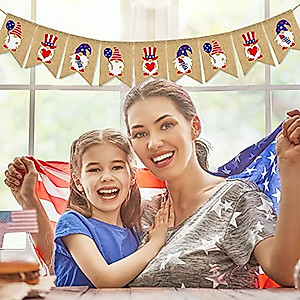 Doumeny 4th of July Burlap Banner, American Gnome Patriotic Rustic Banner Bunting USA Independence Day Bunting Garland American Stars Banner Flag for Memorial Veterans Days Labor Day Mantel Fireplace