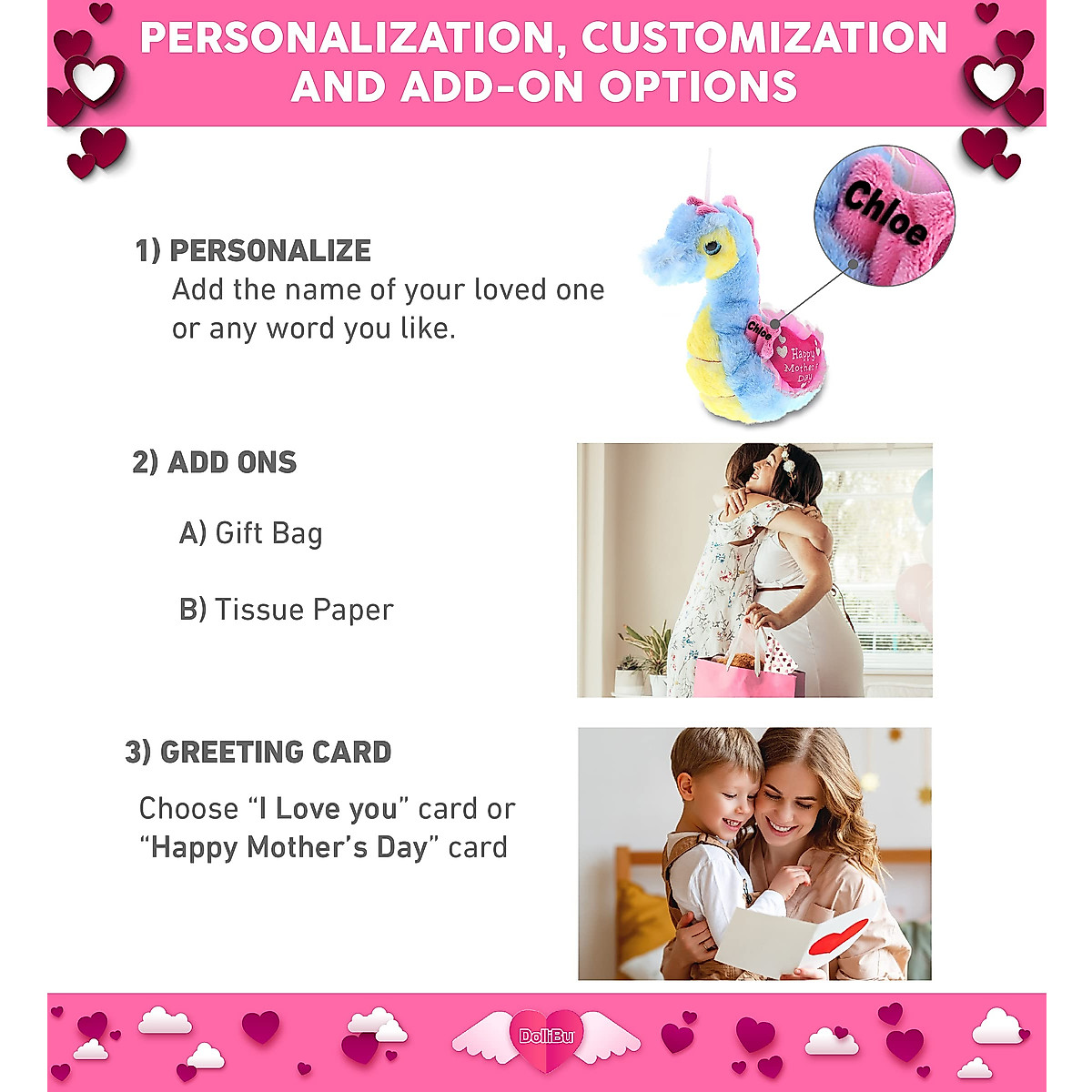 DolliBu Happy Mother's Day Super Soft Plush Blue Seahorse Doll Figure - Cute Stuffed Animal with Pink Heart Message for Best Mommy, Grandma, Wife, Daughter - 8.5" Inches