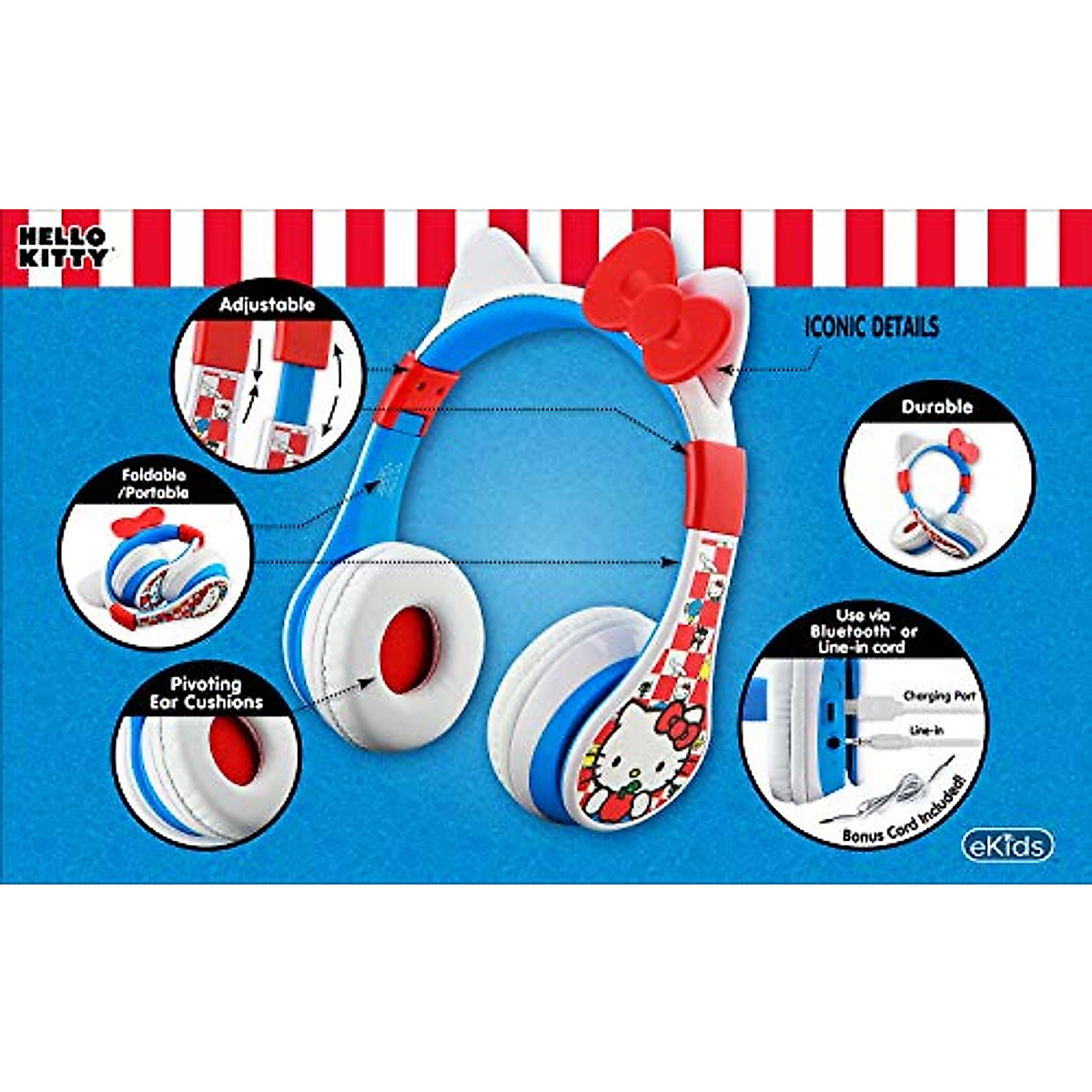eKids Hello Kitty Kids Bluetooth Headphones, Wireless Headphones with Microphone Includes Aux Cord, Volume Reduced Kids Foldable Headphones for School, Home, or Travel