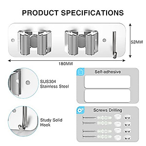 HOMEASY Mop Broom Holder Wall Mounted SUS304 Stainless Steel, Mop Broom Organizer with 2 Installation Methods (No Drilling&Screw Drilling Installation 2 In 1), Mop Hanger Heavy Duty with Hooks, 2PCS