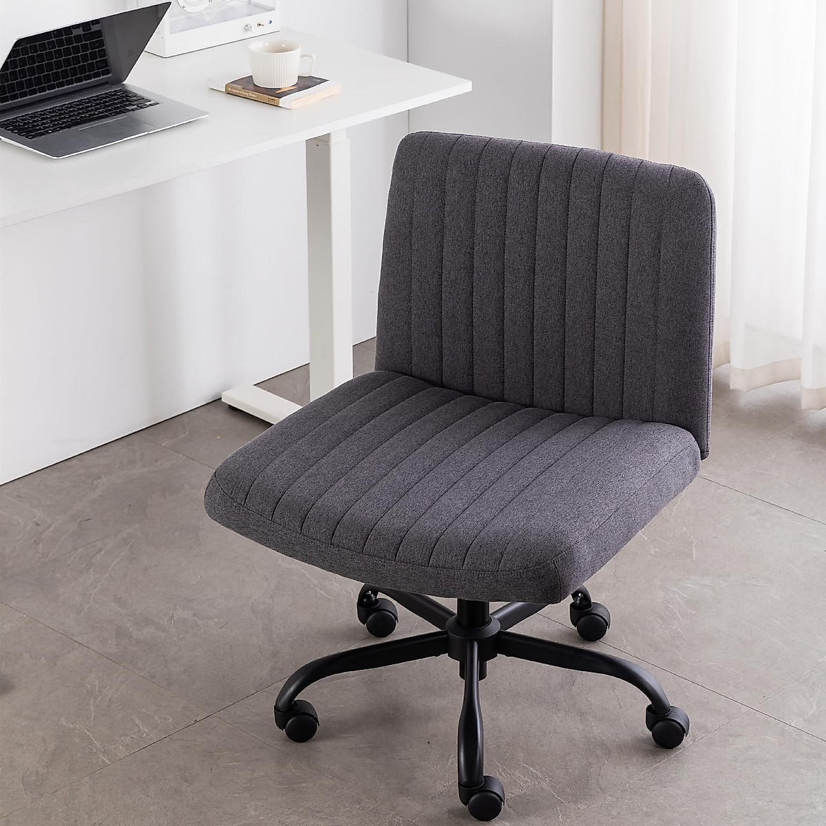 Armless Wide Office Chair No Wheels Fabric Padded Desk Chair Task Vanity Chair Swivel Home Office Desk Chair 120°Rocking Mid Back Ergonomic Computer Chair for Make Up,Small Space, Bed Room(Brown)