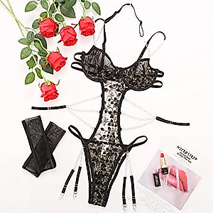 LQWY Sexy Garter Lingerie Set for Women Floral Lace Mesh Chain Babydoll Underwire Bra and Panty Sets