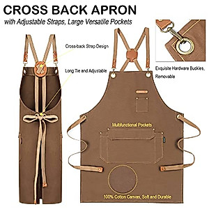 Chef Apron for Men Women with Pockets, Cross Back Apron for Kitchen Cooking Baking Artist Painting, Cotton Canvas Work Aprons for Shop, Garden, Restaurant, Cafe, M to XXL (Brown, 1pc Gift Box Pack)