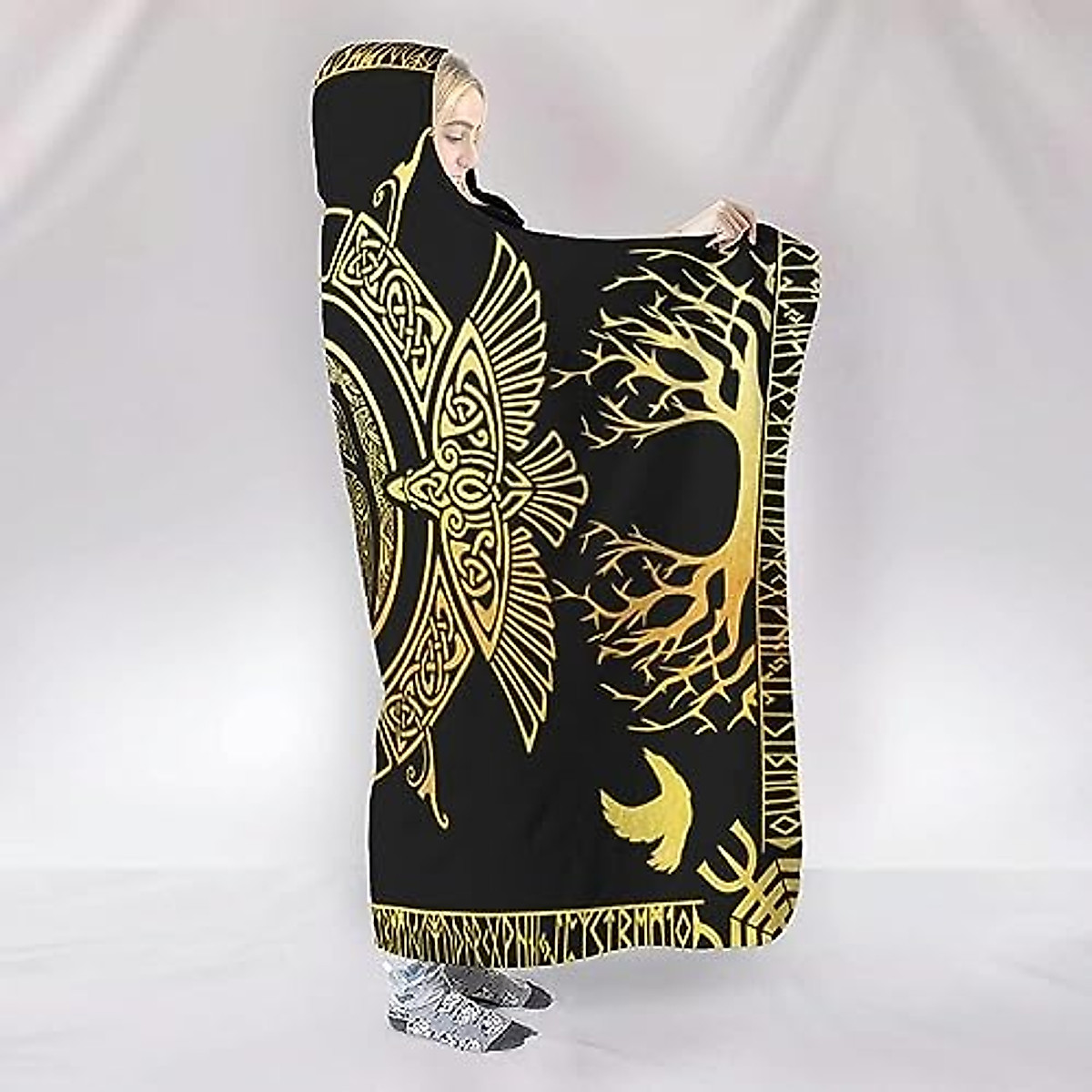 Medieval 3D Printing Hooded Blanket Warm Soft Raven Celtic Knot Tree of Life Totem Unisex Winter Wearable Hooded Blanket Double Thick Plush Wool Blanket (Color : B, Size : 80x60in/150x200cm)