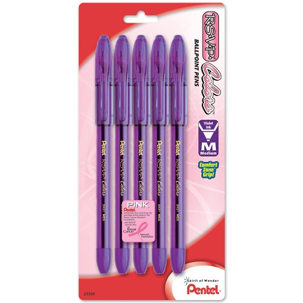 Pentel R.S.V.P. Colors Ballpoint Pen, 1.0mm, Medium Line, Violet Ink, 5 Pack (BK91CRBP5V) , Black