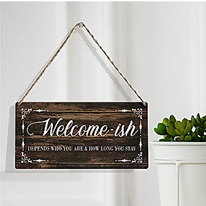 Welcome-ish Wood Sign Front Door Wooden Signs Rustic Hanging Plaque Home Wall Art 12" x 6" Sign Wall Decor for Home Porch