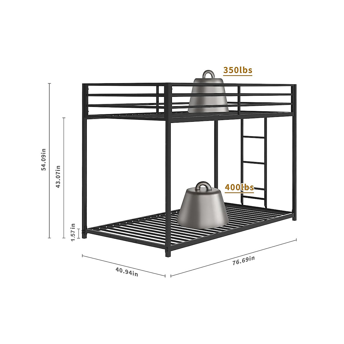 Twin Over Twin Bunk Bed - LifeSky Metal Low Profile Bunkbed with Side Ladder Black