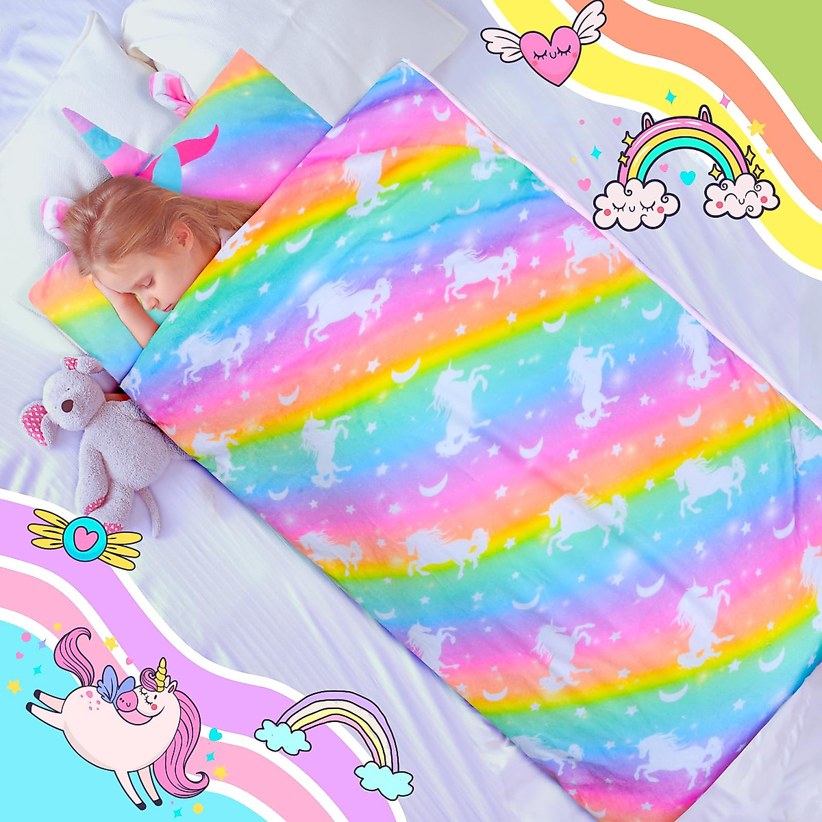 Nap Mat - Unicorn Sleeping Bag Toddler Nap Mat Girls Slumber Bag with Reusable Pillow for Kids Slumber Bag for Elementary Preschool Kindergarten Daycare