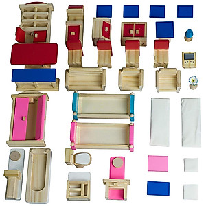 Seanmi Wooden Dollhouse Furniture - 5 Sets, 1:12 Scale Doll House Furnishings, 35 Pieces of Dollhouse Accessories (Living Room, Kitchen, Dining Room, Bedroom, Bathroom)