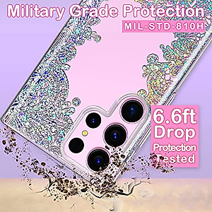 Coolwee Clear Glitter for Galaxy S23 Ultra - 6.8 inch, Thin Flower Slim Cute Crystal Lace Bling Women Girl Floral Hard Back Soft TPU Bumper Protective Cover for Samsung S23 Ultra Mandala Henna