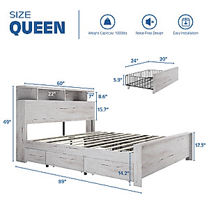 LUXOAK Queen Bed Frame with 49" Tall Bookcase Headboard, Metal Platform Bed with 4 Storage Drawers, LED Lights & Charging Station, No Box Spring Needed, Easy Assembly, Rustic White