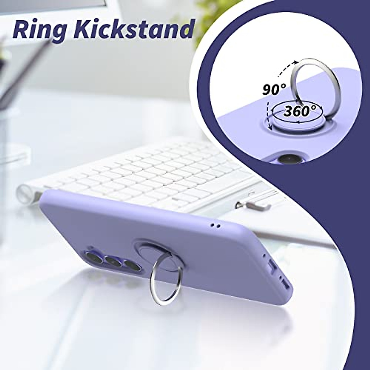 TUNKARMOR for Samsung Galaxy A14 5G Case: with 2 Pack Tempered Screen Protector & Built in 360° Adjustable Ring Kickstand Shockproof Protection Soft TPU Silicone Phone Cover (Purple)